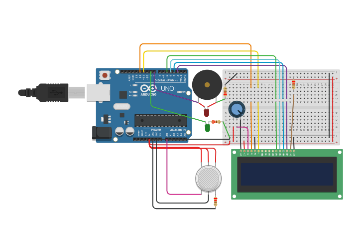 Circuit design LCD and smoke sensor - Tinkercad