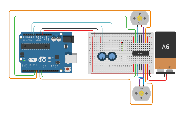 Circuit design 2 Motor 2 Potentiometer - Tinkercad