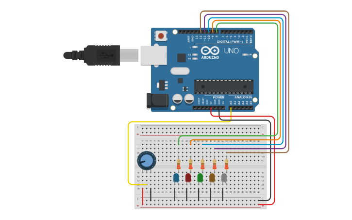 Circuit design 2. LED Chaser with POT - Tinkercad