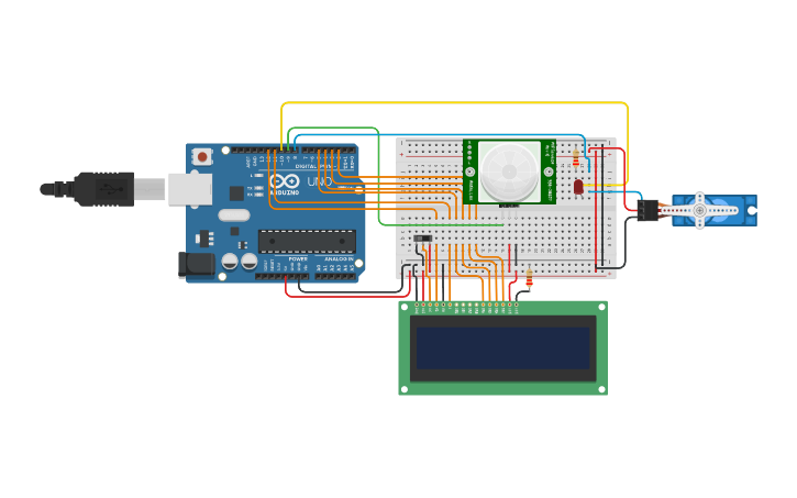 Circuit design PIR SENSOR (LED, LCD,SERVO) - Tinkercad