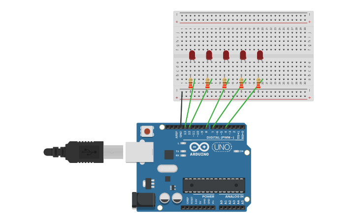 Circuit design 5 leds - Tinkercad