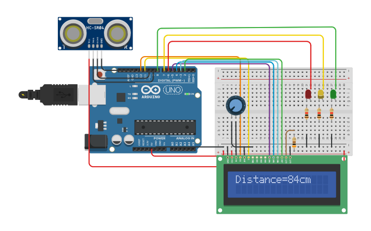 Circuit design Distance LED - Tinkercad