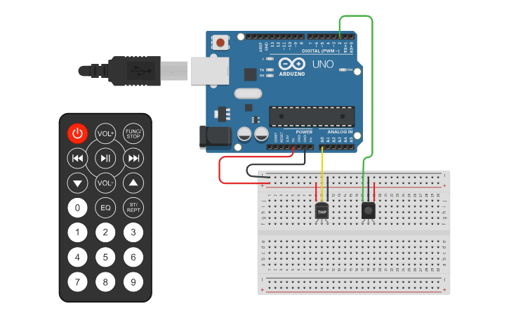 Circuit design Medidor Temperatura TMP 36 com sensor IR - Tinkercad