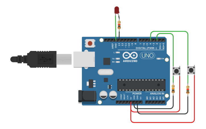 Circuit design Encender y apagar led con 2 botones - Tinkercad