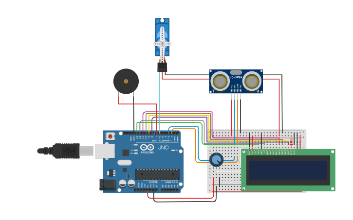 Circuit design Security system using Ultrasonic sensor - Tinkercad