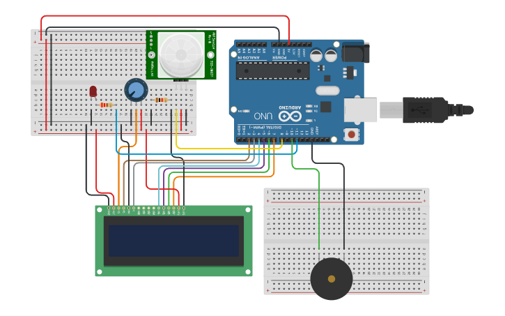 Circuit design Arduino with PIR, LCD display and speaker - Tinkercad