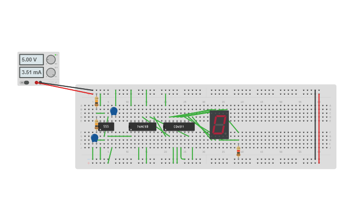 Circuit design Binary Counter with 74HC93 - Tinkercad