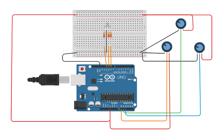 Circuit design Control RGB LED Colors with Potentiometers - Tinkercad
