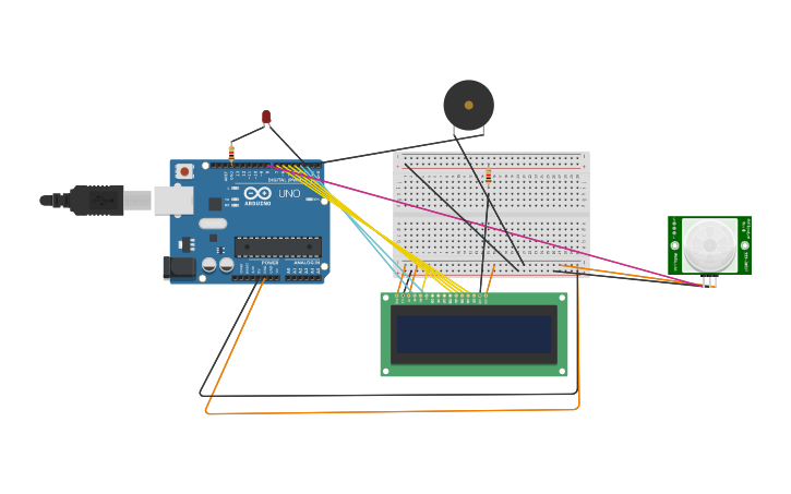 Circuit design PIR Motion Sensor with Buzzer and LCD. - Tinkercad
