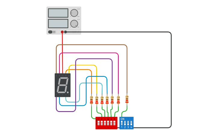 Circuit design 7-Segment display (common Anode) wo decoder IC - Tinkercad