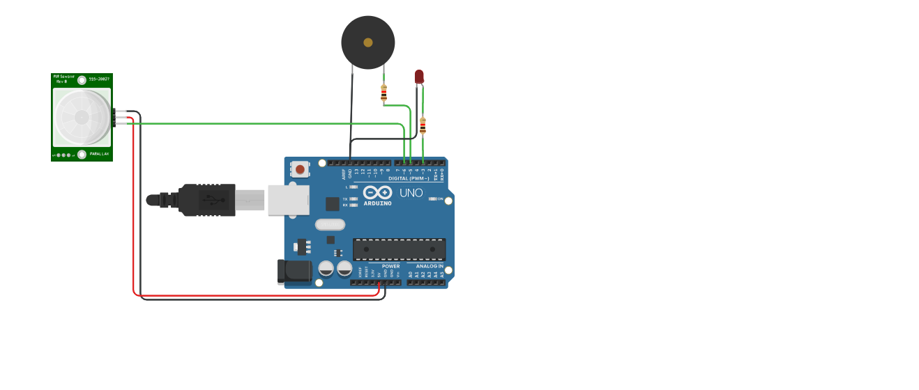 Circuit design motion detector and buzzer - Tinkercad