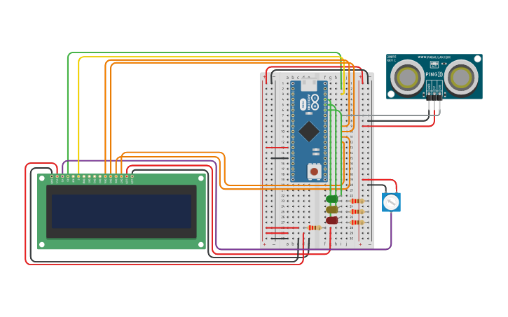 Circuit design Ultrasonic sensor with LCD - Tinkercad