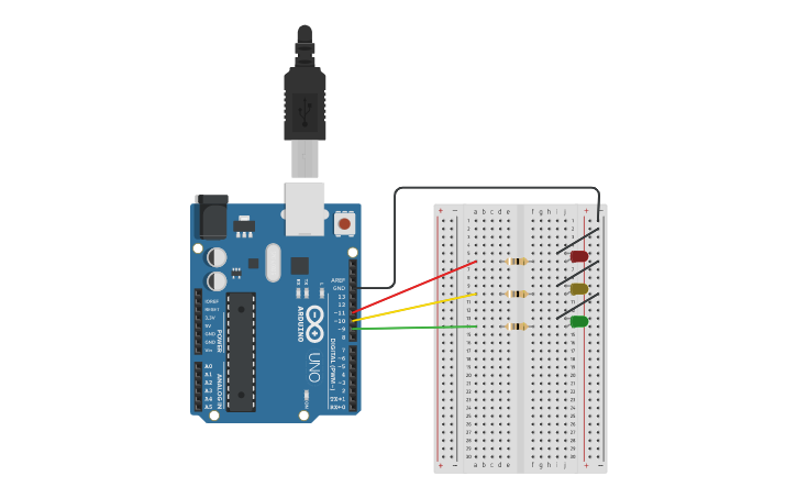Circuit design Arduino stop lights - Tinkercad