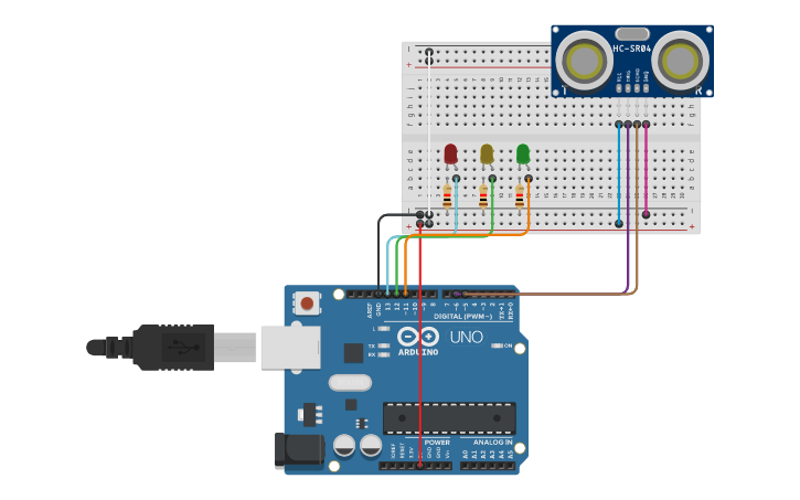 Circuit design Semáforo con sensor de ultrasonido - Tinkercad