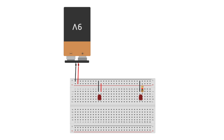 Circuit design Battery, breadboards, LEDs, resistors - Tinkercad