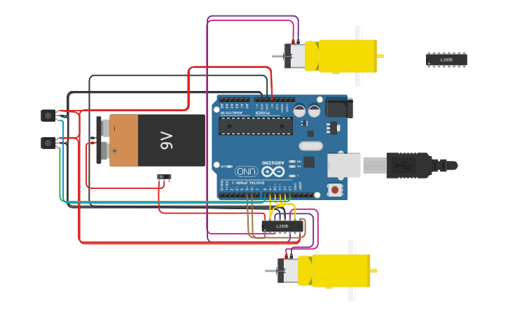 Circuit design Line follower Race Car v1 - Tinkercad