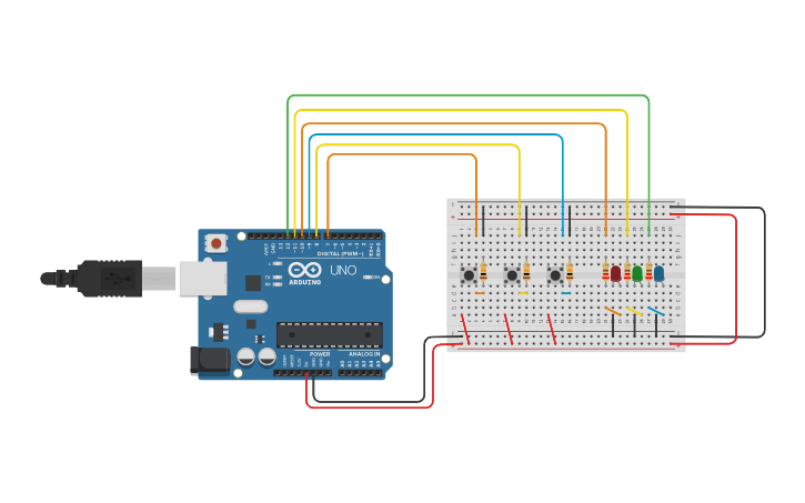 Circuit design 3-led with 3 push buttons Mina - Tinkercad