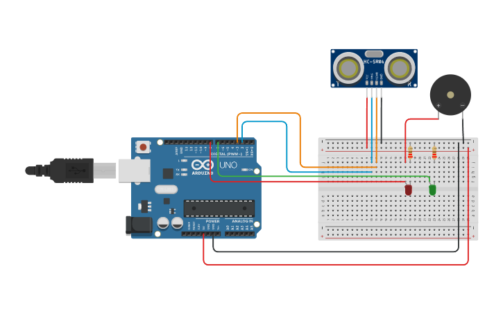 Circuit Design Building Intrusion Detection System With Ultrasonic Sensor Tinkercad