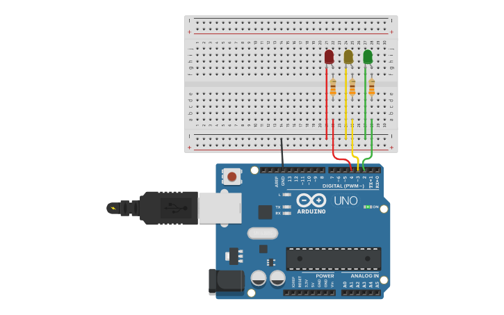 Circuit design Projeto 3 - Semáforo COM pisca - Tinkercad