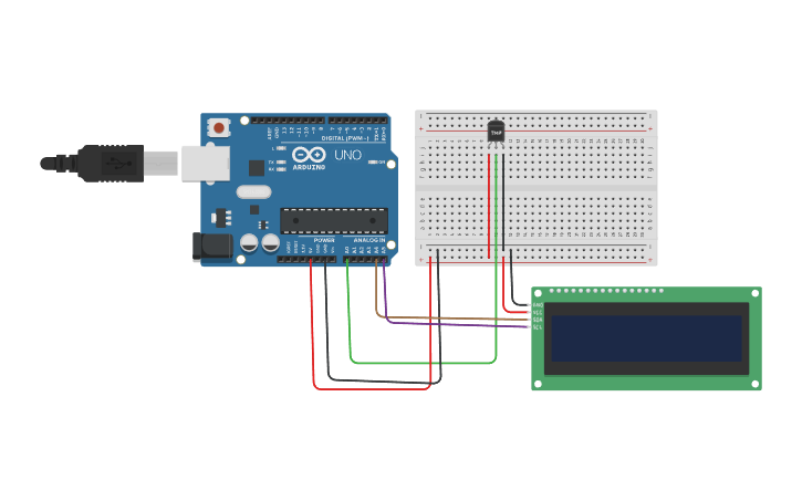 Circuit design Arduino Uno dengan Sensor Suhu dan LCD - Tinkercad