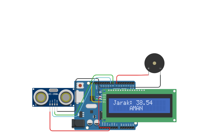 Circuit Design Sensor Mobil Ultrasonik Dengan Lcd I2c 16x2 Tinkercad