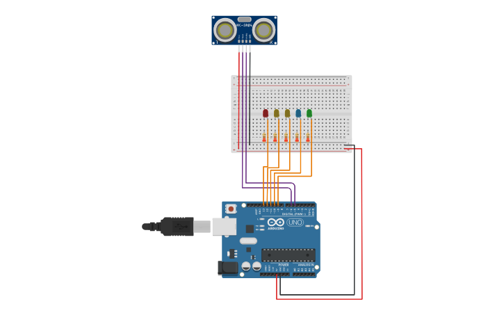 Circuit design ARDUINO UNO: ULTRASONIC SENSOR WITH LED - Tinkercad