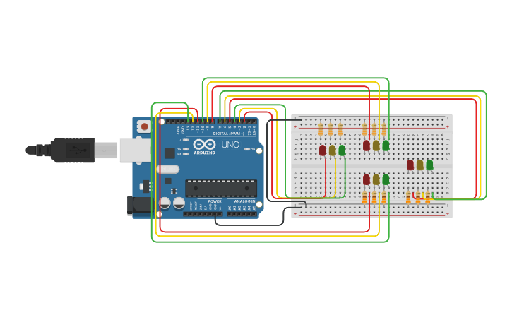 Circuit design four-way traffic light system - physics - Tinkercad