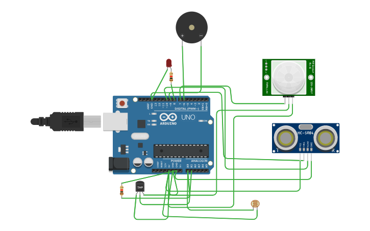 Circuit design Smart Security & Environment Monitoring System - Tinkercad