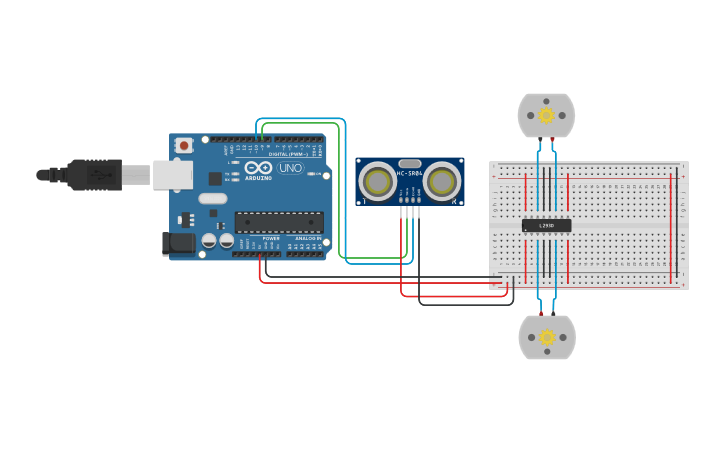 Circuit design Ultrasonic sensor+DC motors - Tinkercad