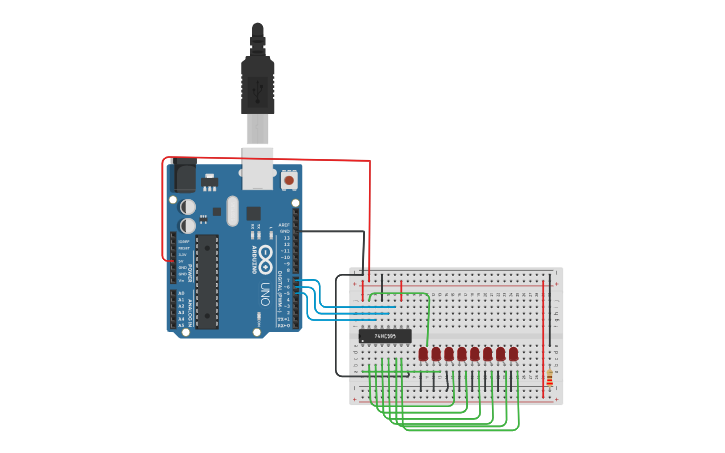 Circuit design Shift register 74HC595 - Tinkercad