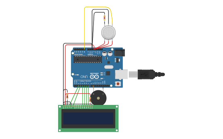 Circuit design Arduino Gas Detector With LCD Display And Sound Buzzer - Tinkercad