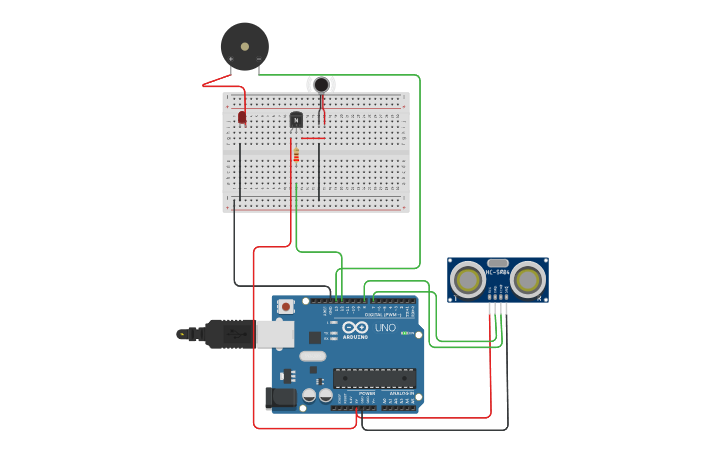 Circuit design Ultrasonic sensor with vibrator and buzzer - Tinkercad