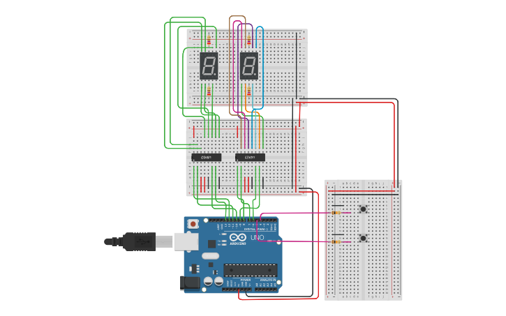 Circuit design 2.3.2.a.Making a 0-99 button counter with CD4511 - Tinkercad