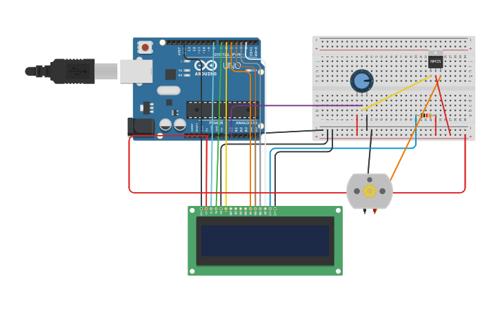 Circuit design RPM controller using potentiometer + LCD Screen - Tinkercad