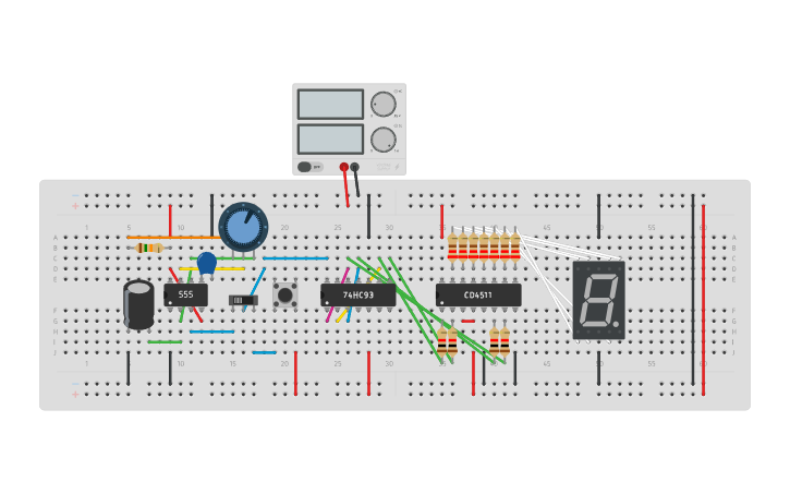 Circuit design 555, 74HC93, CD4511 7 segment counter - Tinkercad