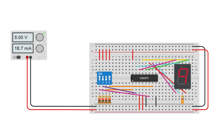 Circuit design Decodificador BCD-7 SEGMENTOS - Tinkercad