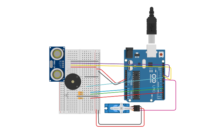 Circuit design Distance sensor Alarm - Tinkercad
