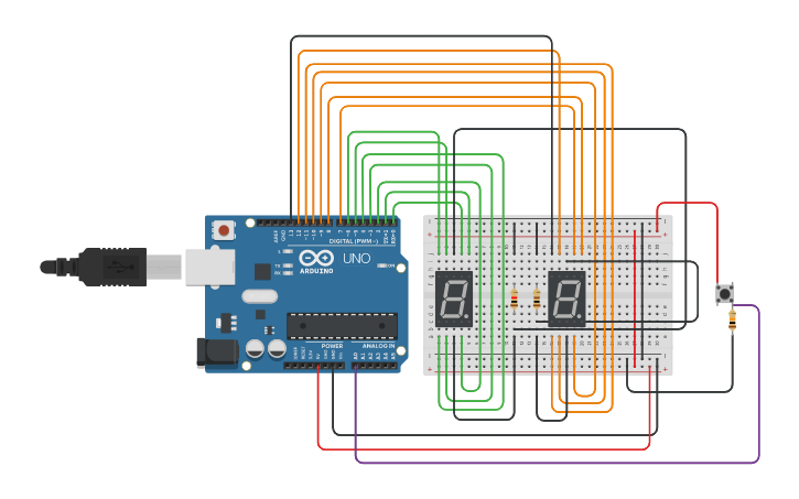 Circuit design SEVEN SEGMENT + RESET BUTTON - Tinkercad