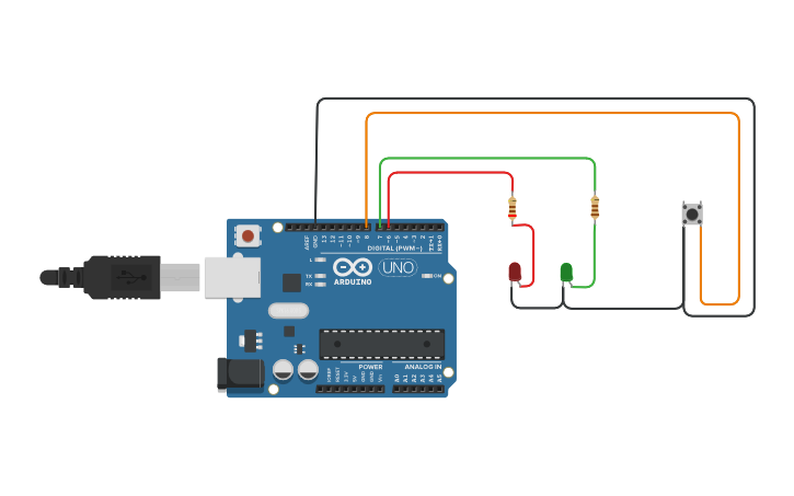 Circuit design Push Button Toggle 2 LED's - Tinkercad