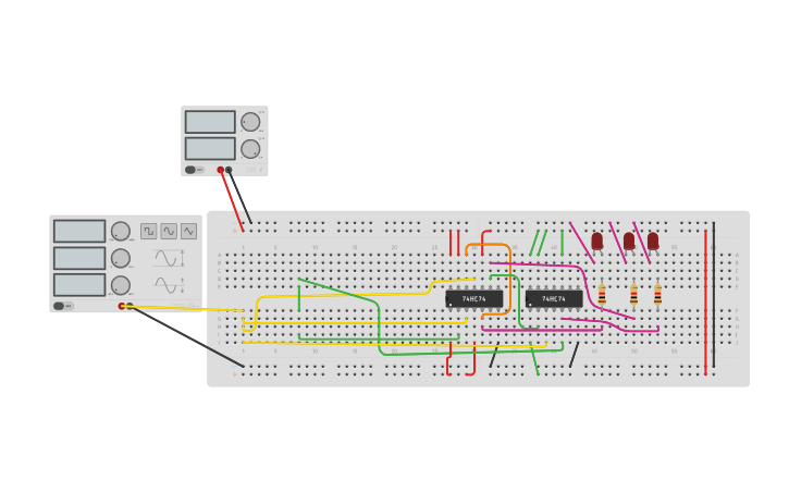 Circuit design 3 bit ring counter - Tinkercad