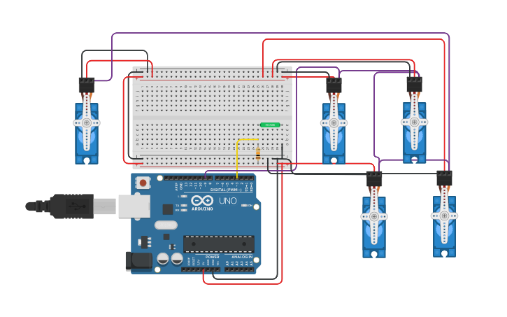 Circuit Design Controlling 5 Servo Motor With Tilt Sensor Tinkercad