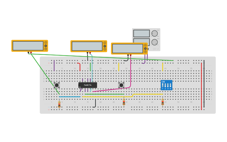 Circuit design prueba flip flop(reloj y clr en pullup) - Tinkercad
