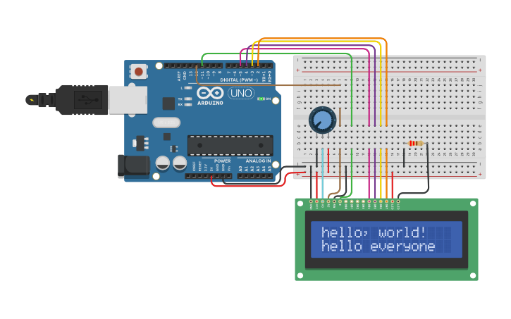 Circuit design scrolling lcd message - Tinkercad