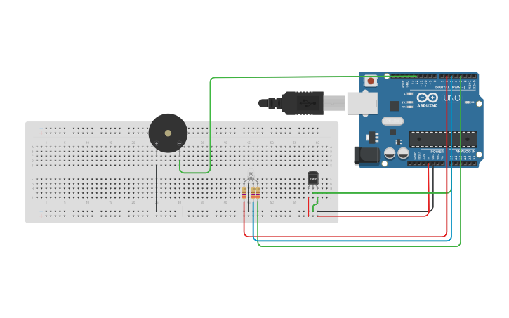 Circuit design Fire alarm using Heat sensor - Tinkercad