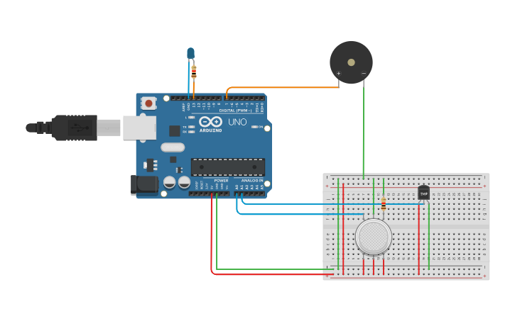 Circuit design Fire Alarm System with temperature and gas sensor - Tinkercad