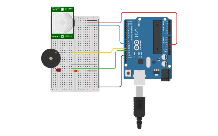 Circuit design PIR Sensor with LED and Buzzer - Alarm System - Tinkercad