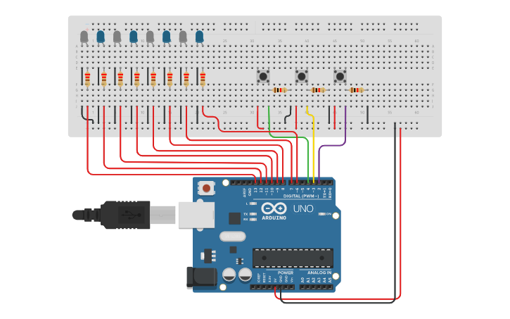 Circuit design 8 Led dengan 3 Push button - Tinkercad