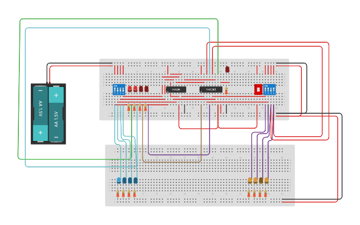Circuit design 4 bit adder subtractor ic 7483 & 7486 - Tinkercad