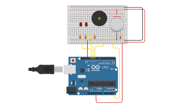 Circuit design Guide for MQ-2 Gas/Smoke Sensor with Arduino - Tinkercad