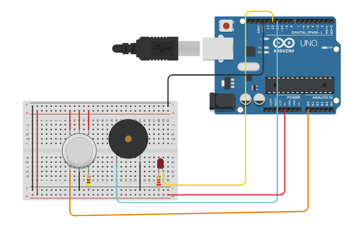 Circuit design Module 4 (Gas Leakage Detector) - Tinkercad